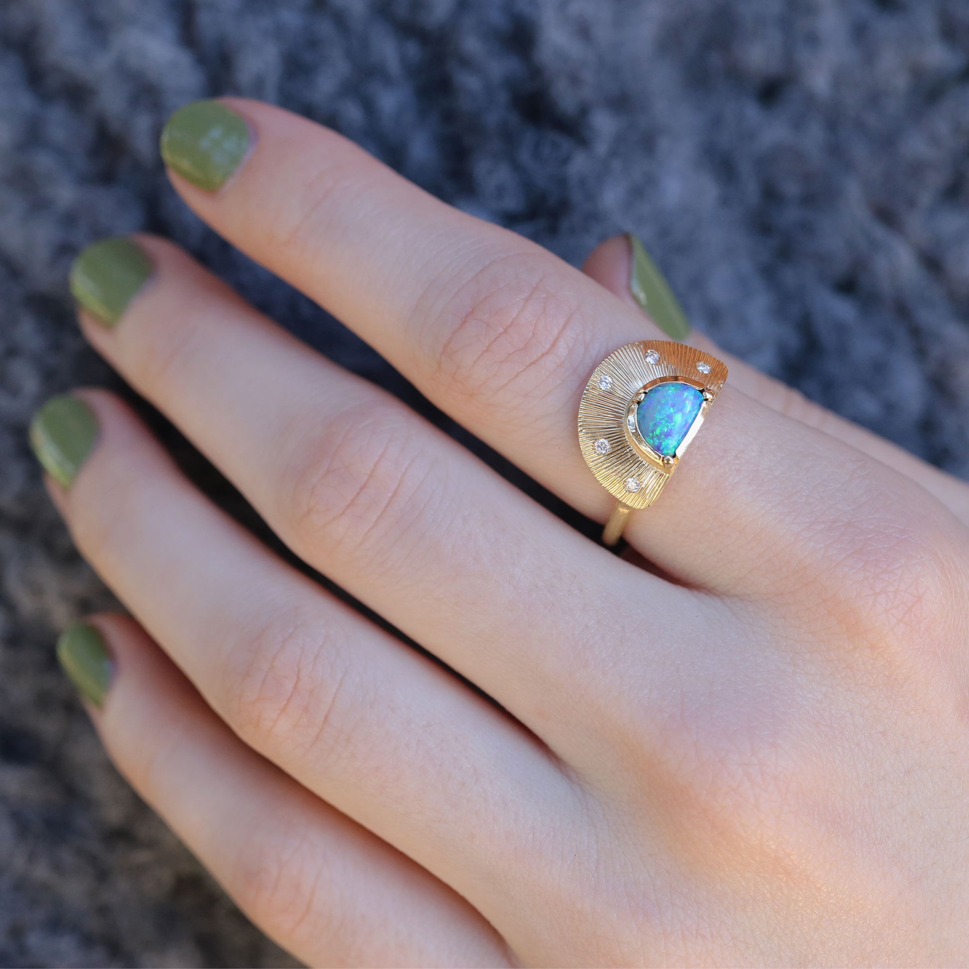 Engraved Half Moon Starlight Opal Diamond Ring – Brooke Gregson UK